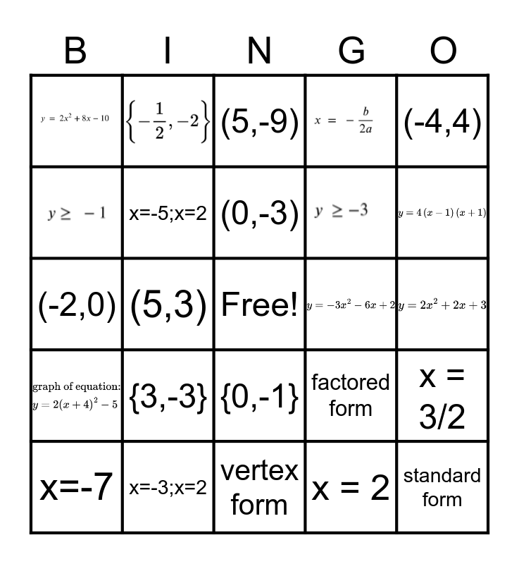 Quadratic Functions Bingo! Bingo Card