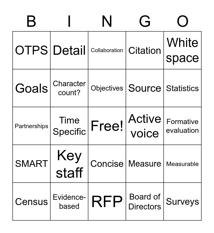 Grant Writing Bingo Card