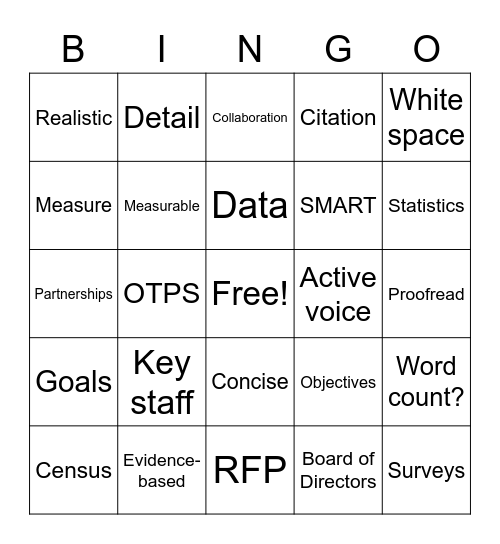 Grant Writing Bingo Card