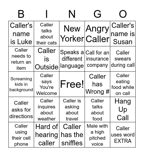 CALLER BINGO Card CALLER BINGO Card