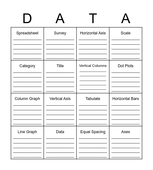 Data Definition Bingo Card