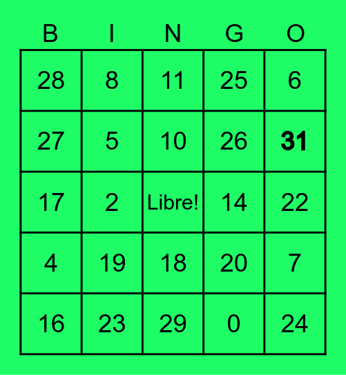 Les nombres 0-31 Bingo Card