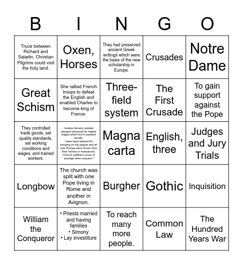 World History Chapter 14 Bingo Card