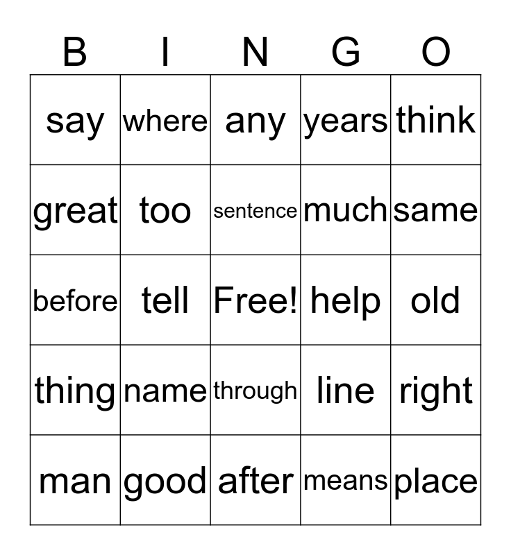 Fry Sight Words Bingo Card