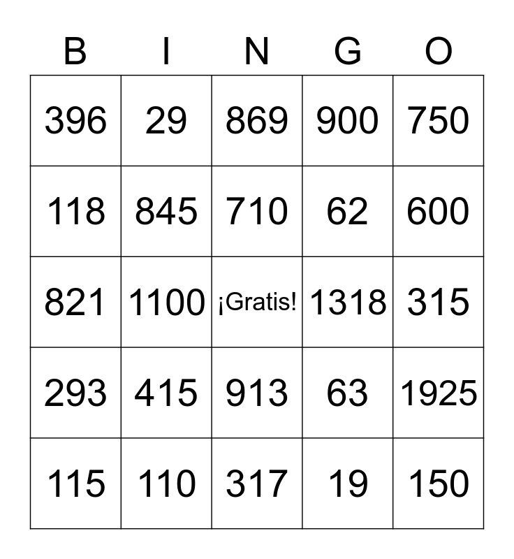 Los números 1-1000 Bingo Card