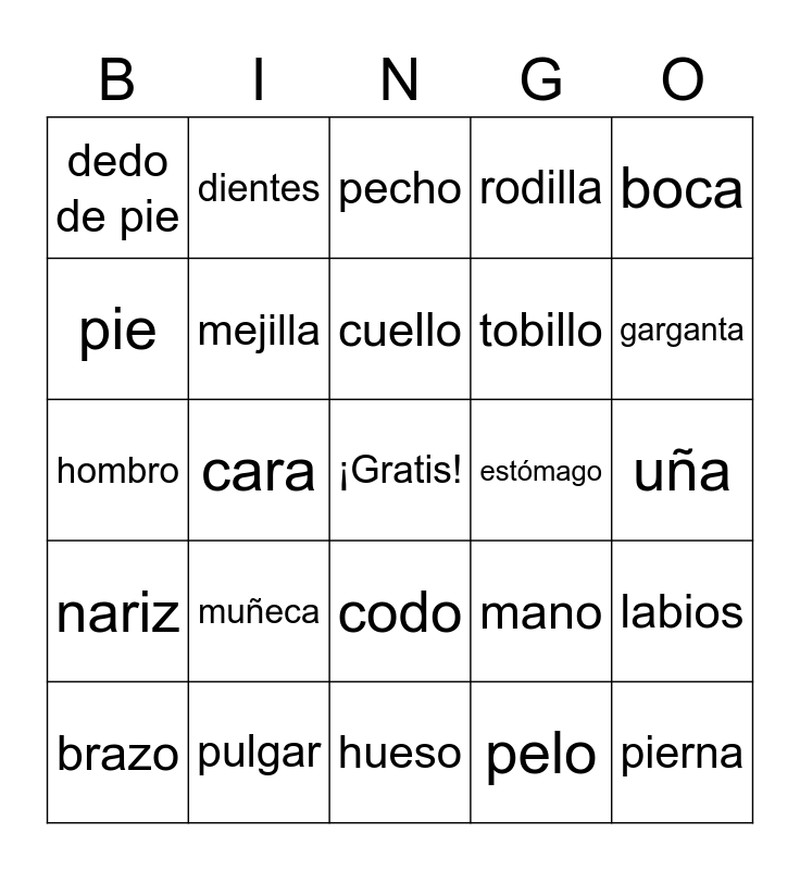 El cuerpo Bingo Card