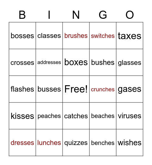 Plurals Bingo Card
