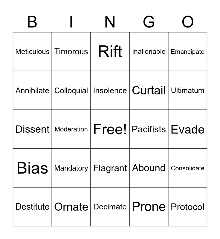 Vocab Units 17-20 Review Bingo Card