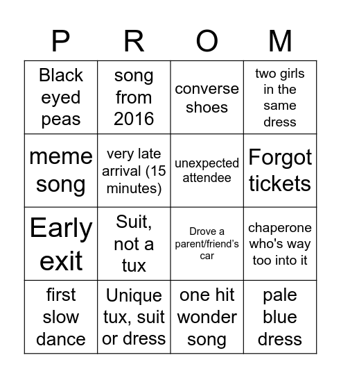 Prom Bingo Card