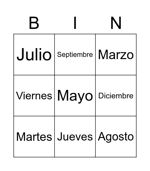 Los Meses y Los Días de la Semana Bingo Card