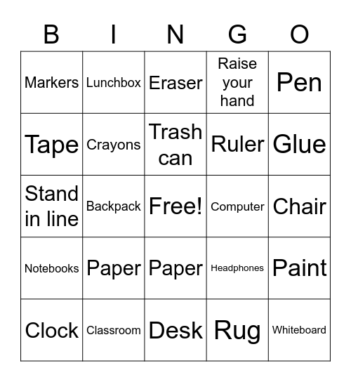 Classroom Items Bingo Card