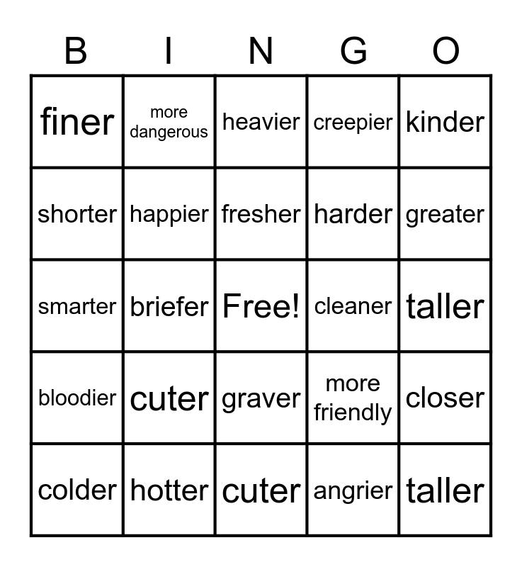 Comparative Adjectives Bingo Card