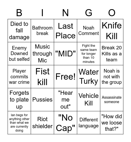 Call of Duty Bingo Card