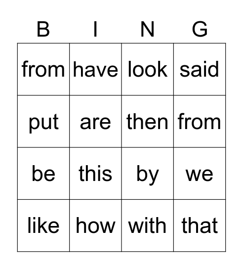 SNAP Word Bingo Card