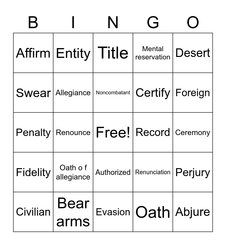 N 400 Parts 1-18 Vocab Bingo Card