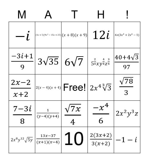Expressions and Operations Bingo Card