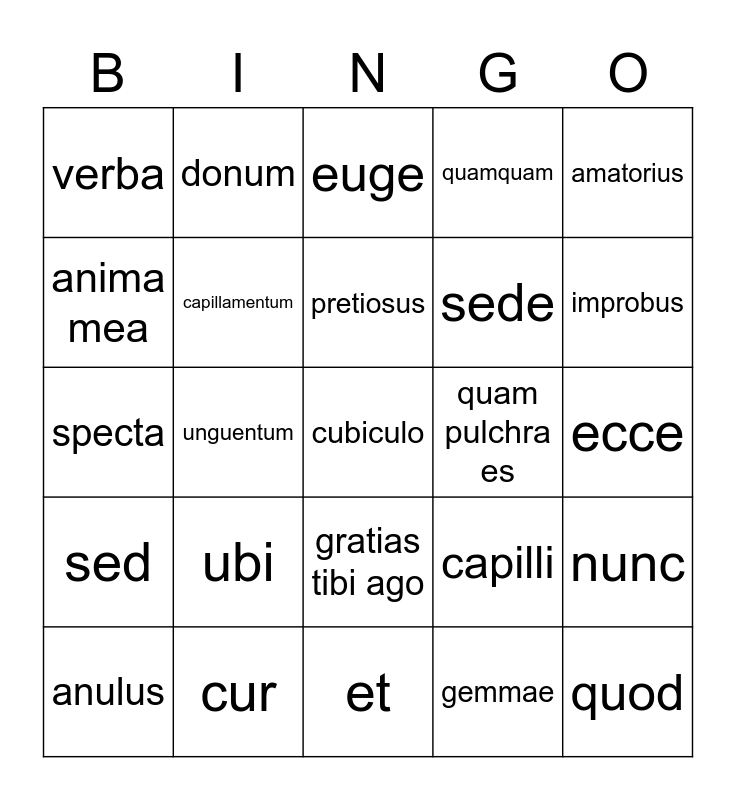 Latin: Chapter 10 Bingo Card