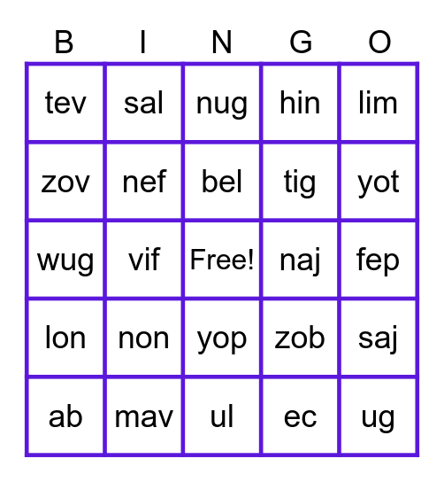 nonsense words Bingo Card