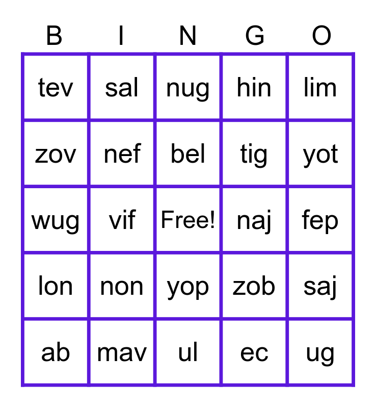nonsense words Bingo Card