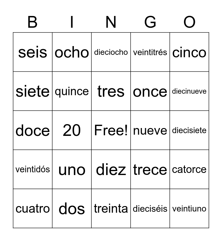Spanish Numbers Bingo Card