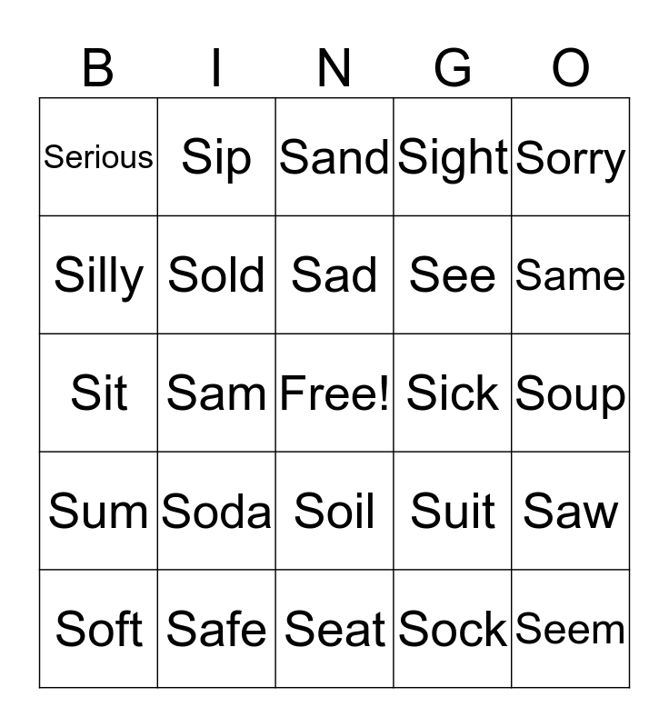 /S/ Words Bingo Card