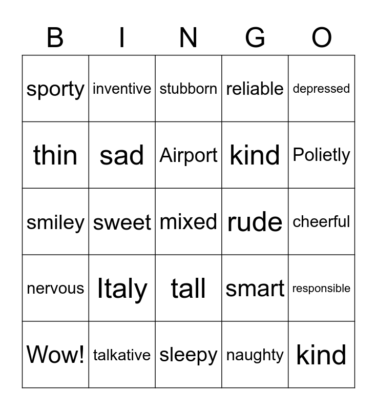 ADJECTIVES Bingo Card