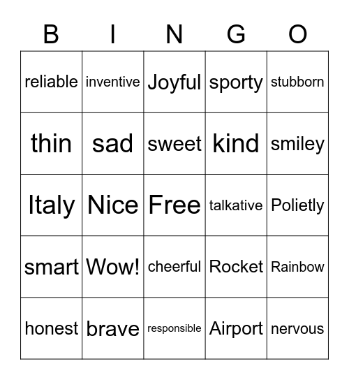 ADJECTIVES Bingo Card