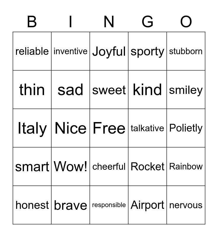 ADJECTIVES Bingo Card