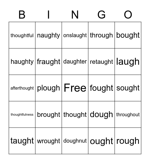 ough/augh/ought/aught Bingo Card