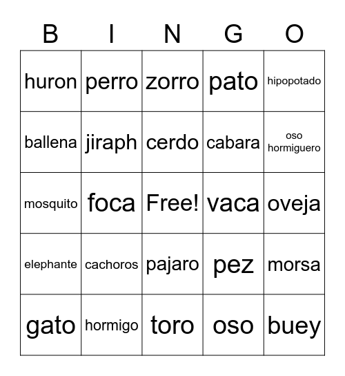 bingo de animales Bingo Card
