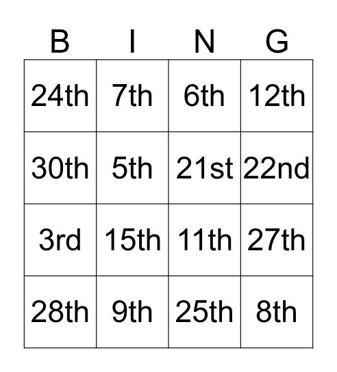 Ordinal numbers Bingo Card