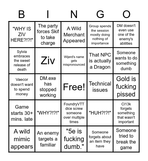 Crimson Expedition D&D Bingo Card