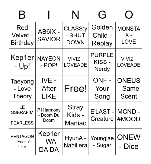 K-Pop Bingo Card