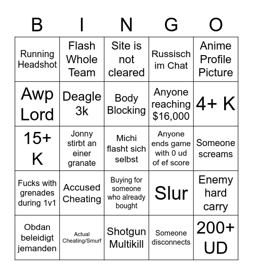 Counter strike Bingo Card