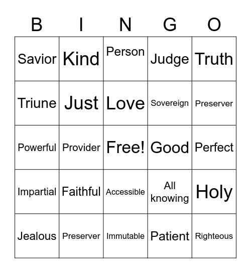 God’s Attributes Bingo Card