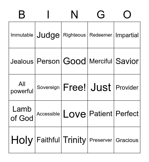 God’s Attributes Bingo Card