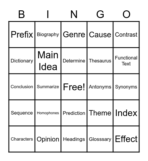Third Grade Reading Vocabulary Bingo Card
