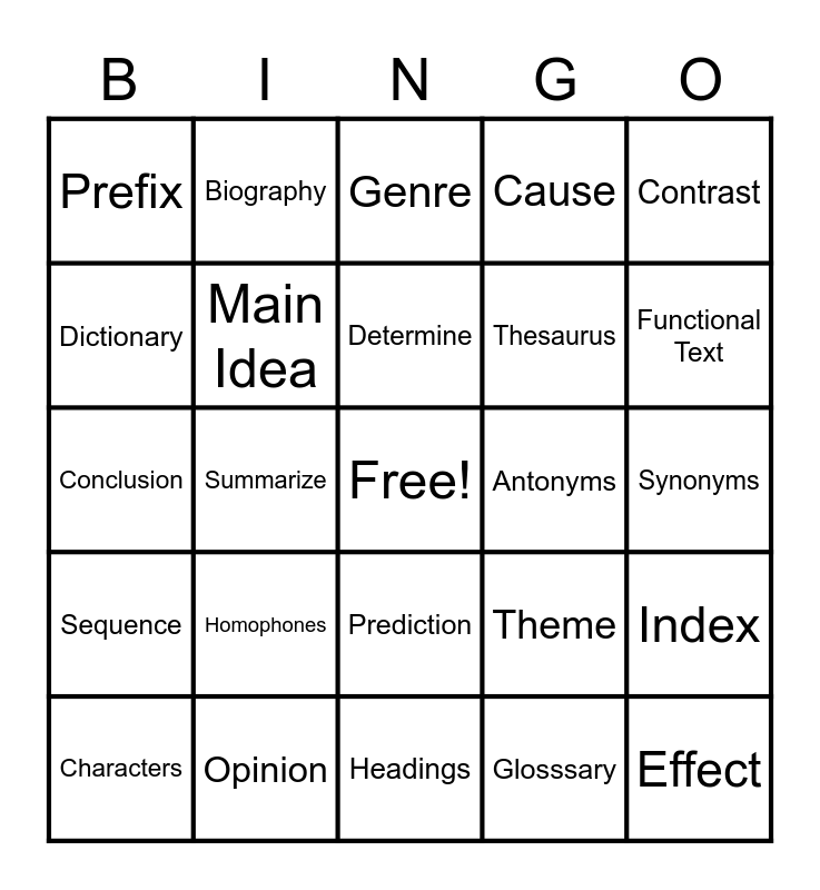 Third Grade Reading Vocabulary Bingo Card