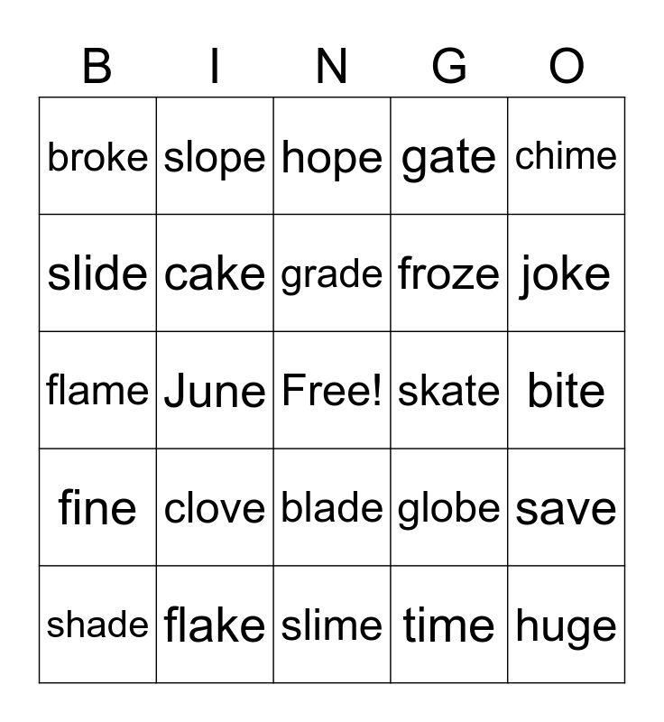 Silent E words Bingo Card