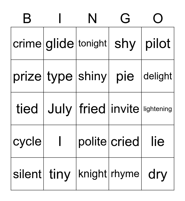 Long "I" Sounds Bingo Card