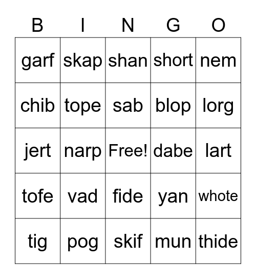 Grade 2 Nonsense Words Bingo Card