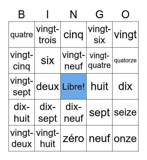 Les Nombres 0-30 Bingo Card