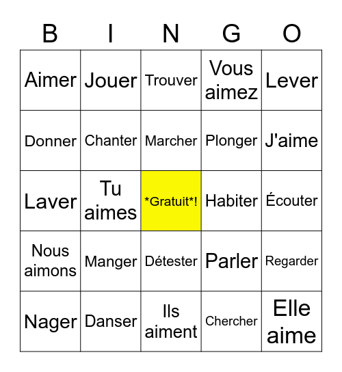 Les Verbes en -ER Bingo Card