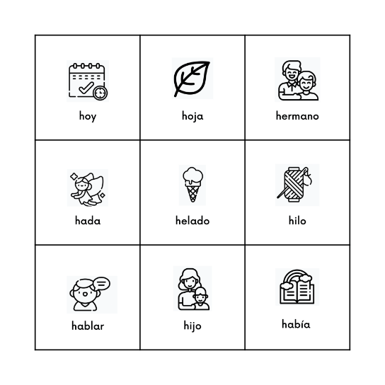 Palabras con "h" Bingo Card