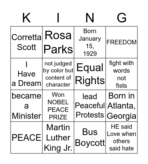 Martin Luther King Jr. Bingo Card