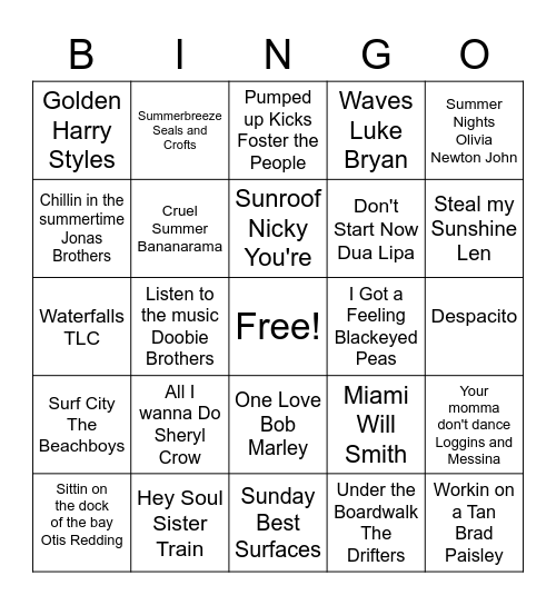 Summer Music Bingo Card