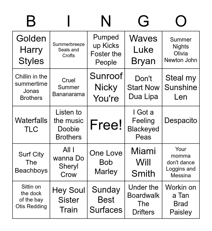 Summer Music Bingo Card