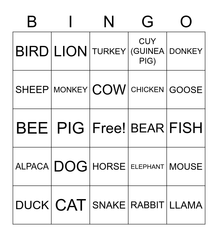 CUSIN SCHOOL OF ENGLISH-ANIMAL BINGO! Bingo Card