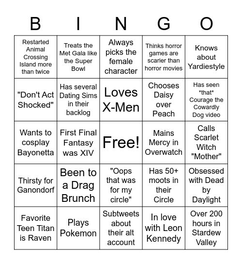Gaymer Twitter Bingo Card