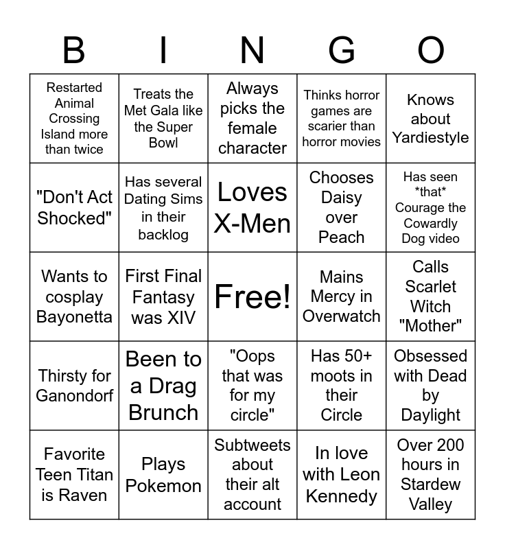 Gaymer Twitter Bingo Card